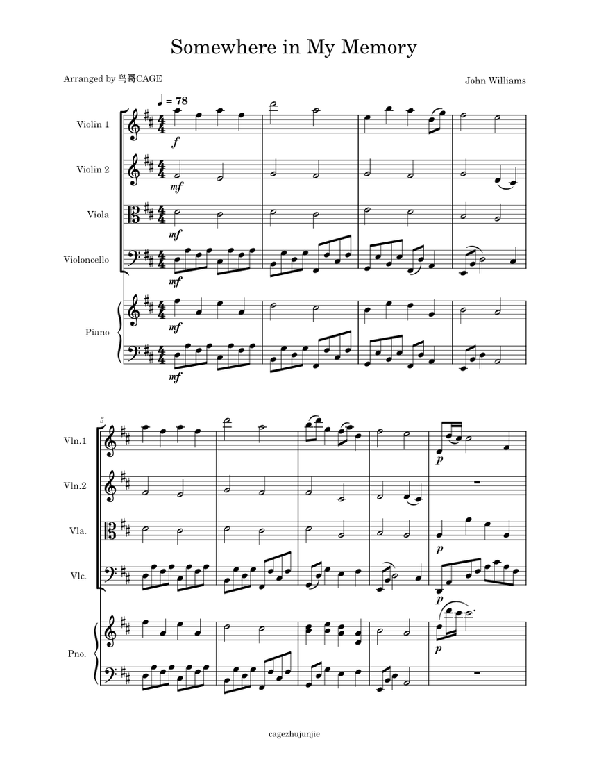 Somewhere in my memory – John Williams - Arrangement for string quartet & piano Sheet Music for ...