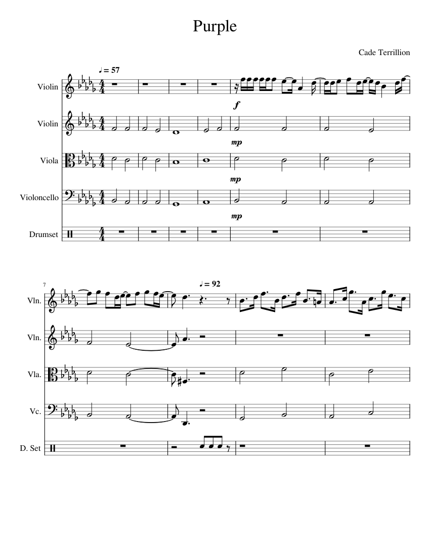 Purple Sheet music for Violin, Viola, Cello, Drum group (Mixed Quintet ...