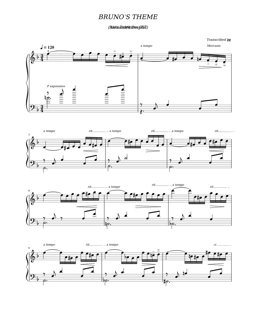 Bruno's Theme – Suite Francaise Soundtrack Sheet Music for Piano (Solo ...