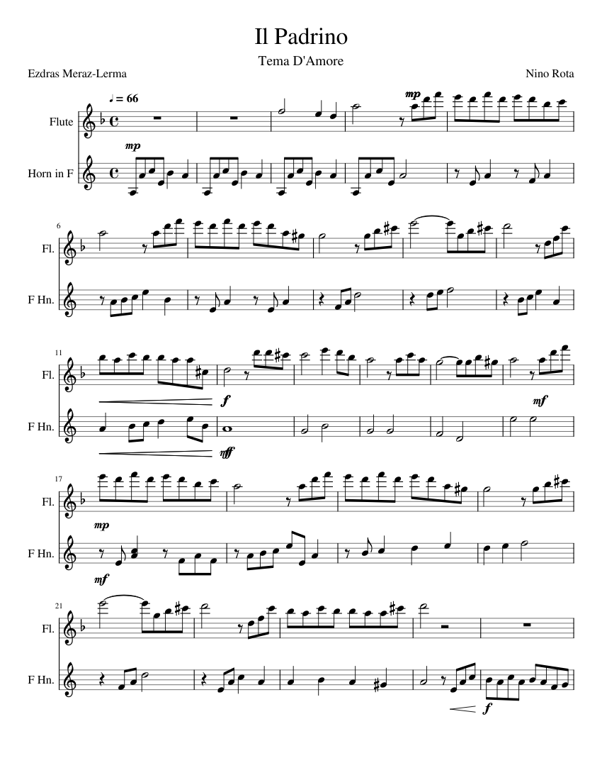 Il Padrino Sheet Music for Flute, French horn (Mixed Duet) | MuseScore.com