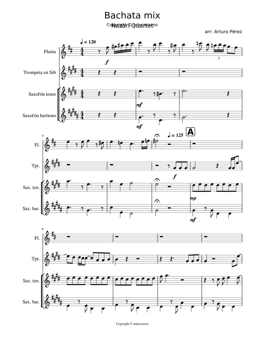 Bachata mix Sheet music for Flute, Saxophone tenor, Saxophone baritone ...