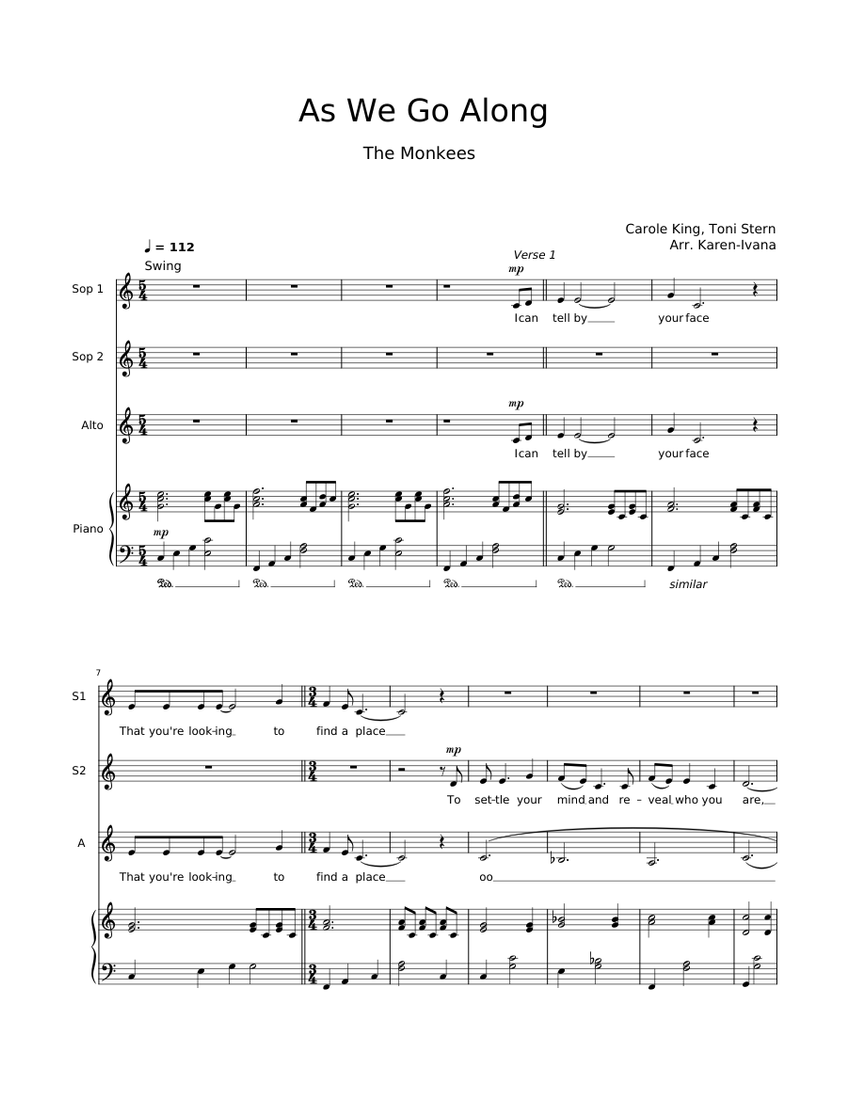 As we go along – The Monkees (Carole King, Toni Stern) SSA choir Sheet ...