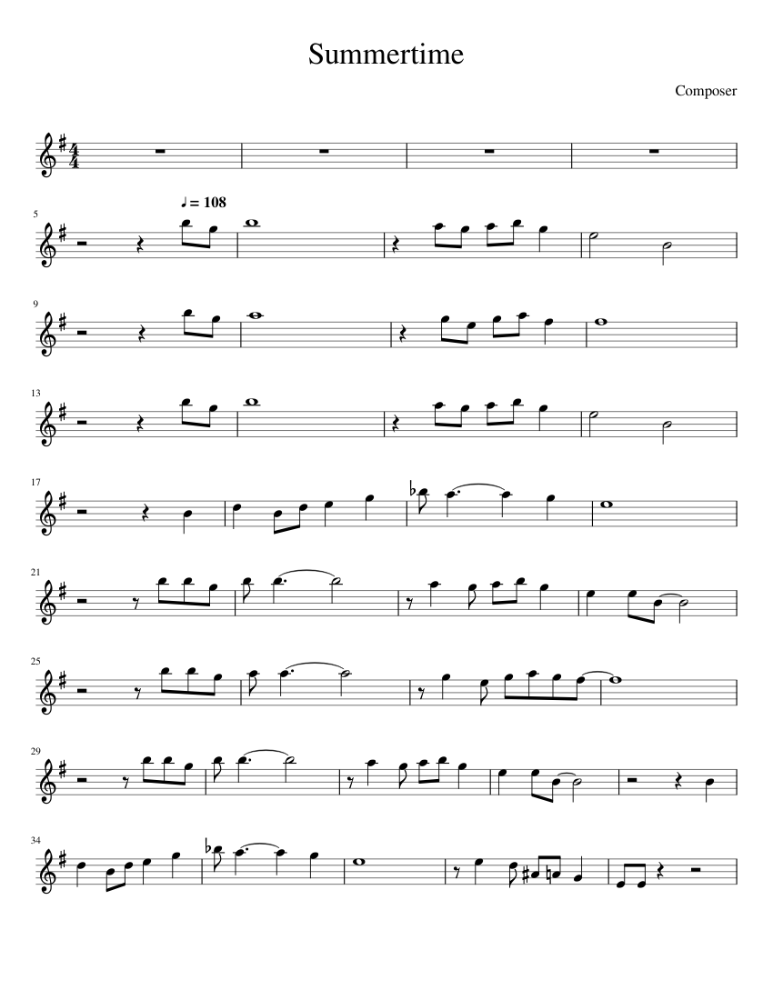 Summertime Sheet music for Saxophone tenor (Solo) | Musescore.com