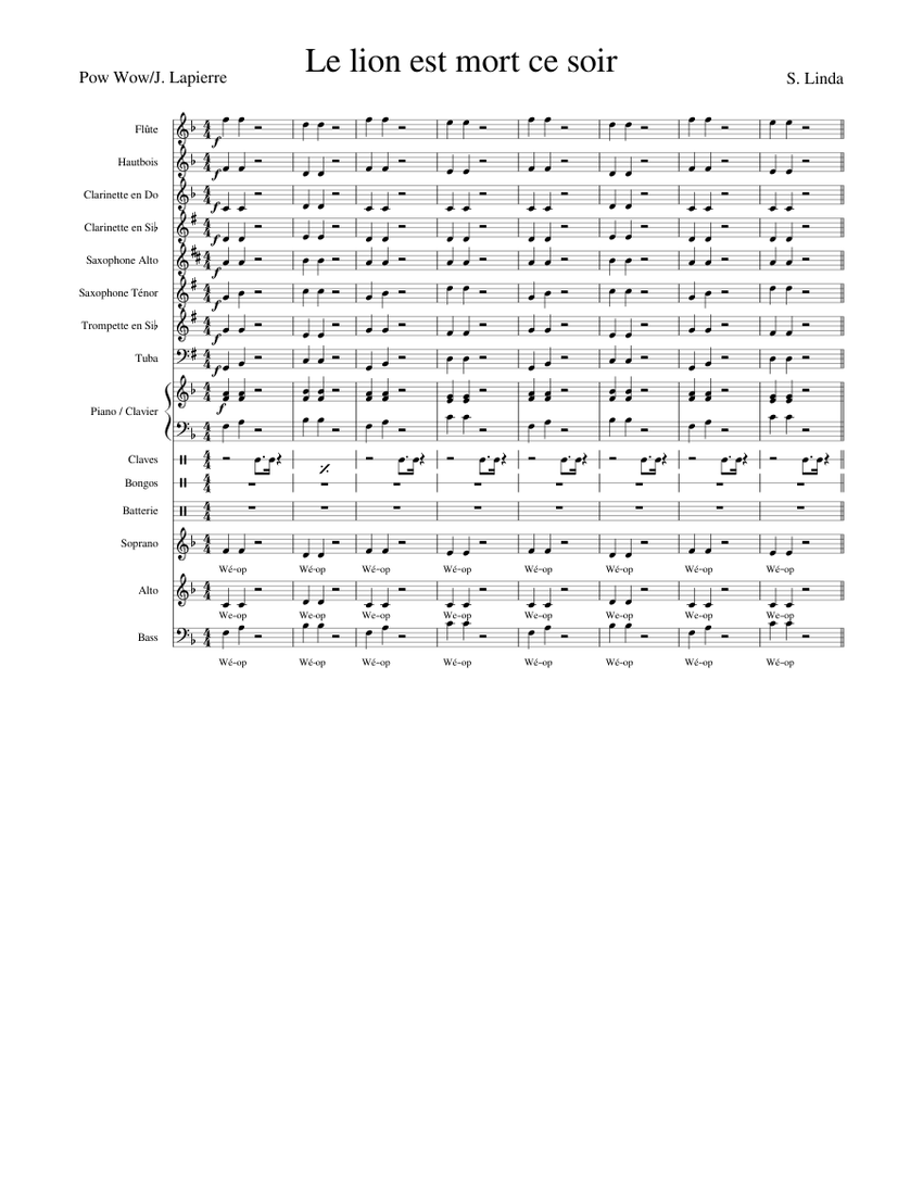 Le lion est mort ce soir Sheet Music for Piano, Soprano, Alto, Bass ...