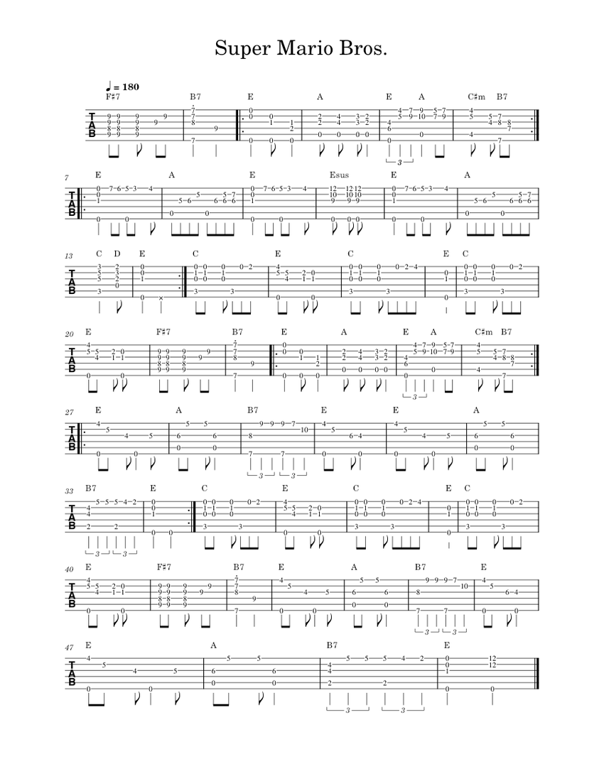 Super Mario Bros Theme - Fingerstyle Guitar Sheet Music and Tab with ...