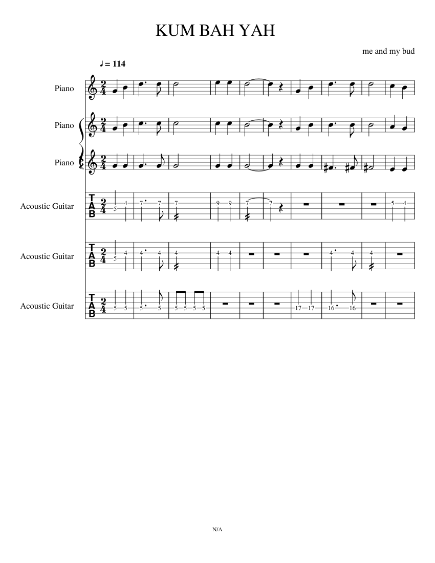KUM BAH YAH modified Sheet Music and Tab for Piano, Guitar (Mixed ...