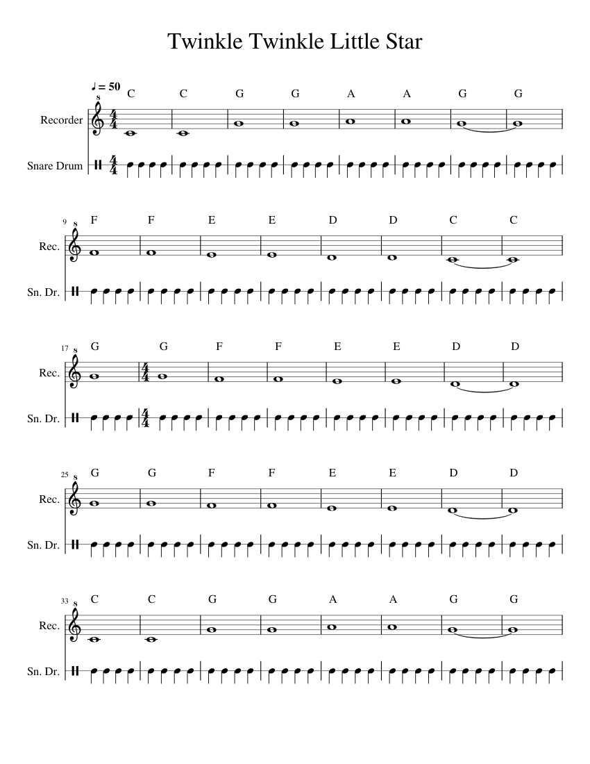Twinkle Twinkle Little Star Sheet Music with Chords for Snare drum ...