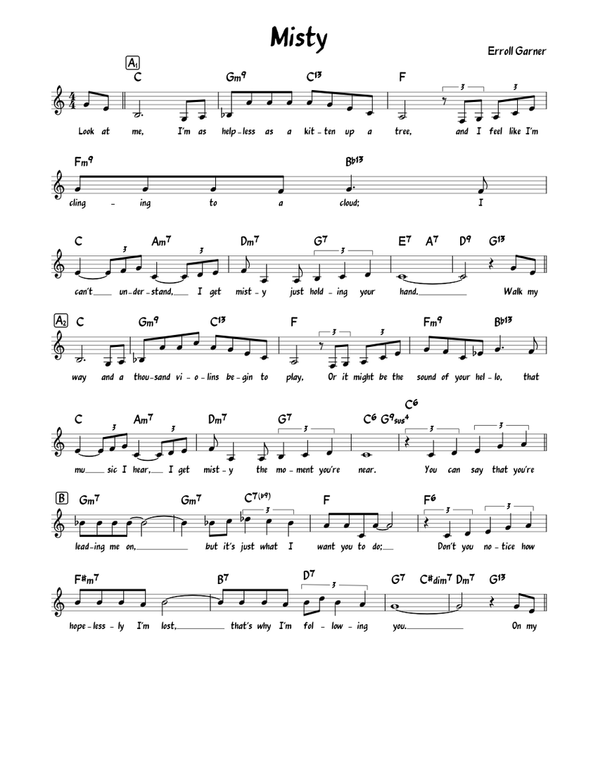 Misty (Ella Fitzgerald Version) Sheet Music with Chords for Piano (Solo ...