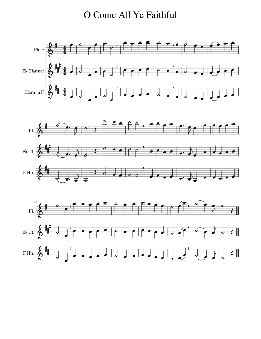 O Come All Ye Faithful Sheet Music for Flute, Clarinet in b-flat ...