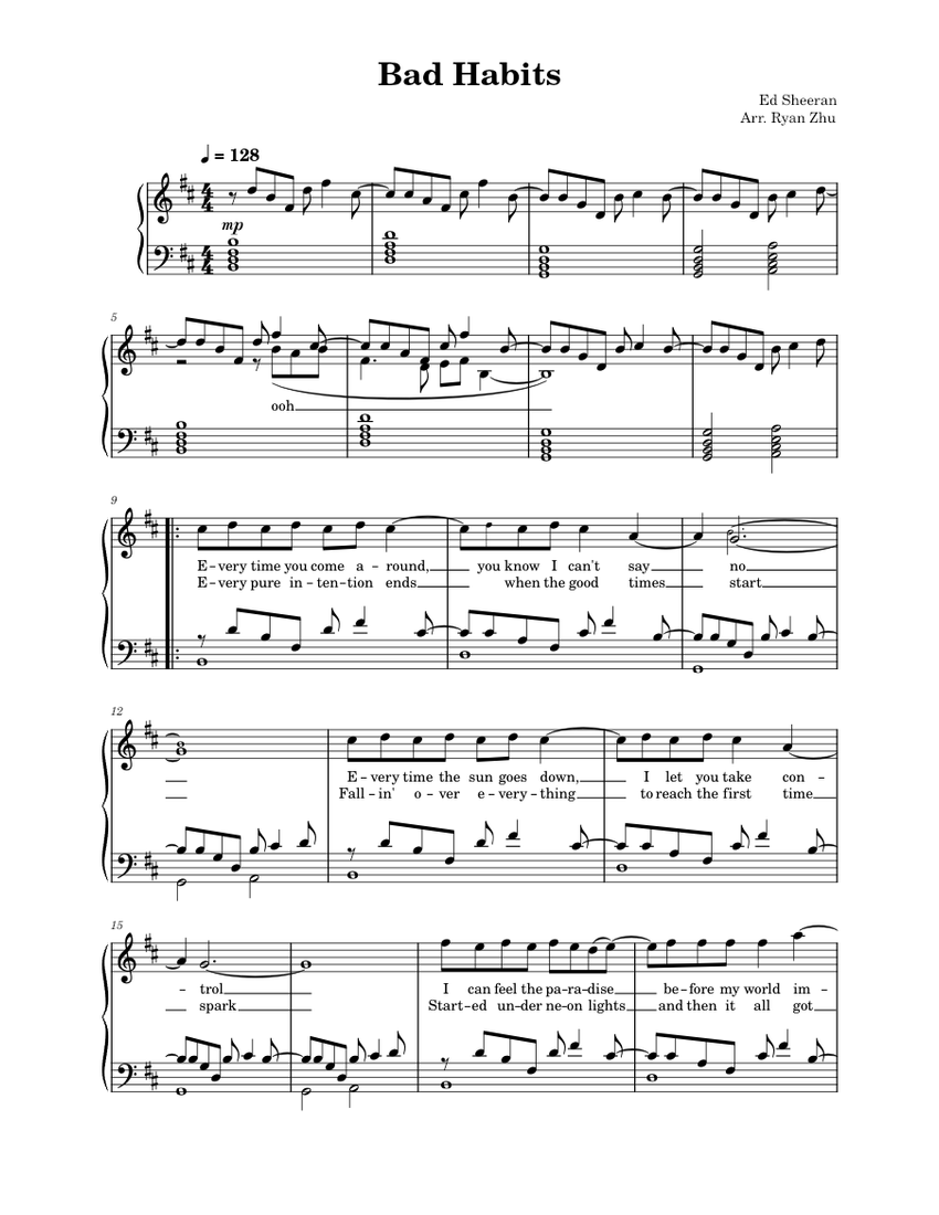 Ed Sheeran - Bad Habits | Piano Arrangement Sheet music for Piano (Solo ...