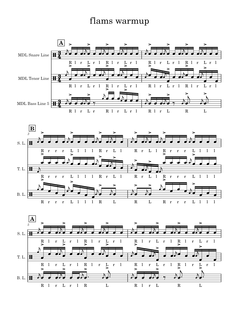 Flams Exercise for DrumLine Sheet Music for Snare drum, Tenor drum, Bass drum (Marching Band ...