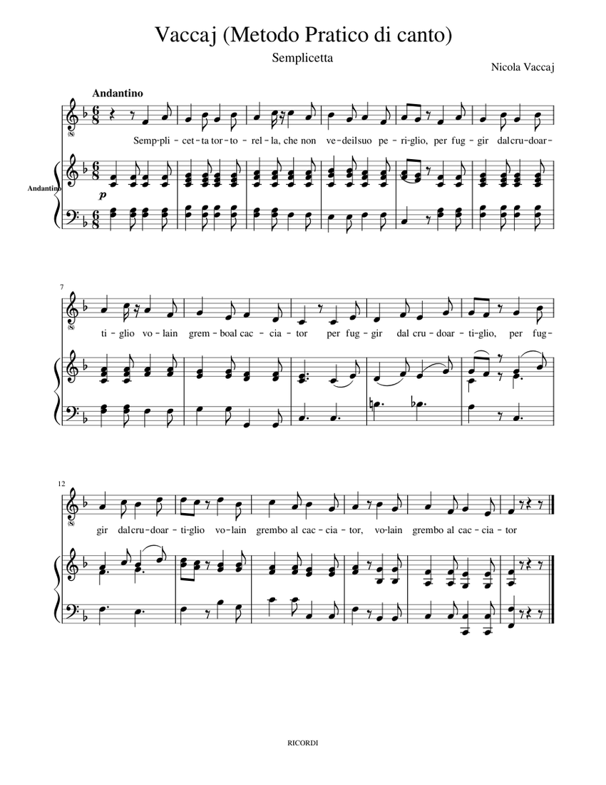 Vaccaj Metodo Pratico di canto (Semplicita) Sheet music for Piano ...