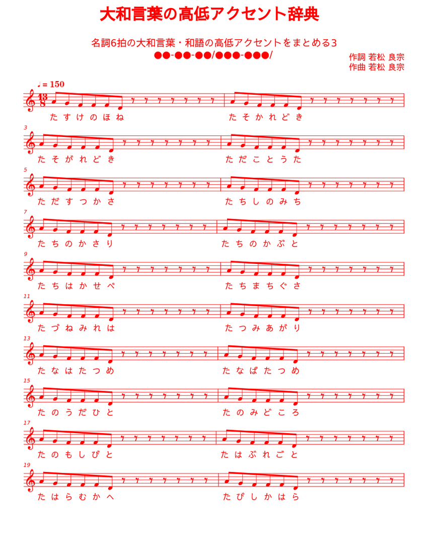 【著作権放棄楽譜】大和言葉・和語の名詞6拍単語のHLLLLL型の高低アクセント辞典3 – 若松 良宗 Sheet music for ...