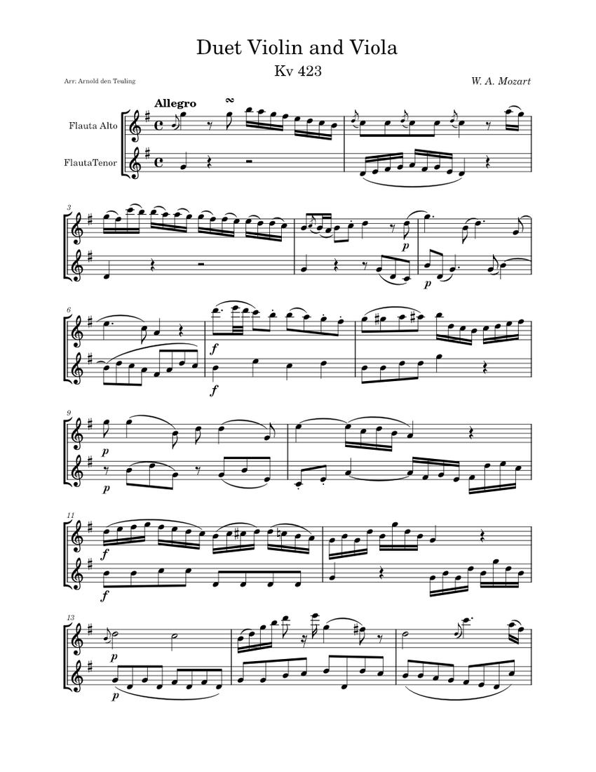 Duet Violin and Viola (for two recorders) – W. A. Mozart Sheet Music ...