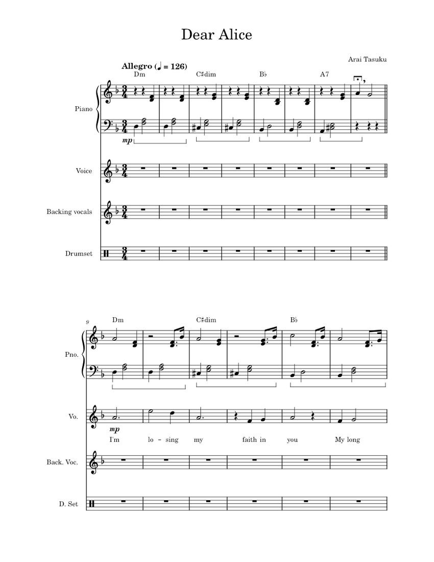 Dear Alice – Arai Tasuku Sheet Music for Piano, Vocals, Drum group ...