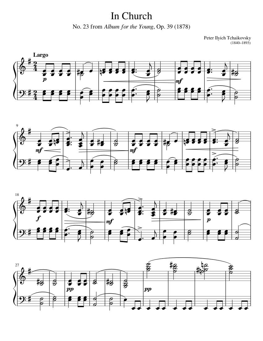 In Church from Album for the Young, Op. 39 - Tchaikovsky Sheet Music ...