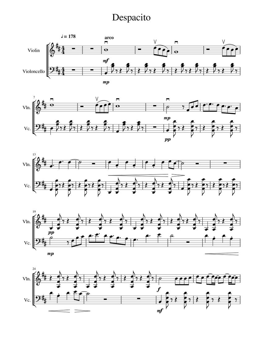 Despacito Sheet Music for Violin, Cello (String Duet) | MuseScore.com