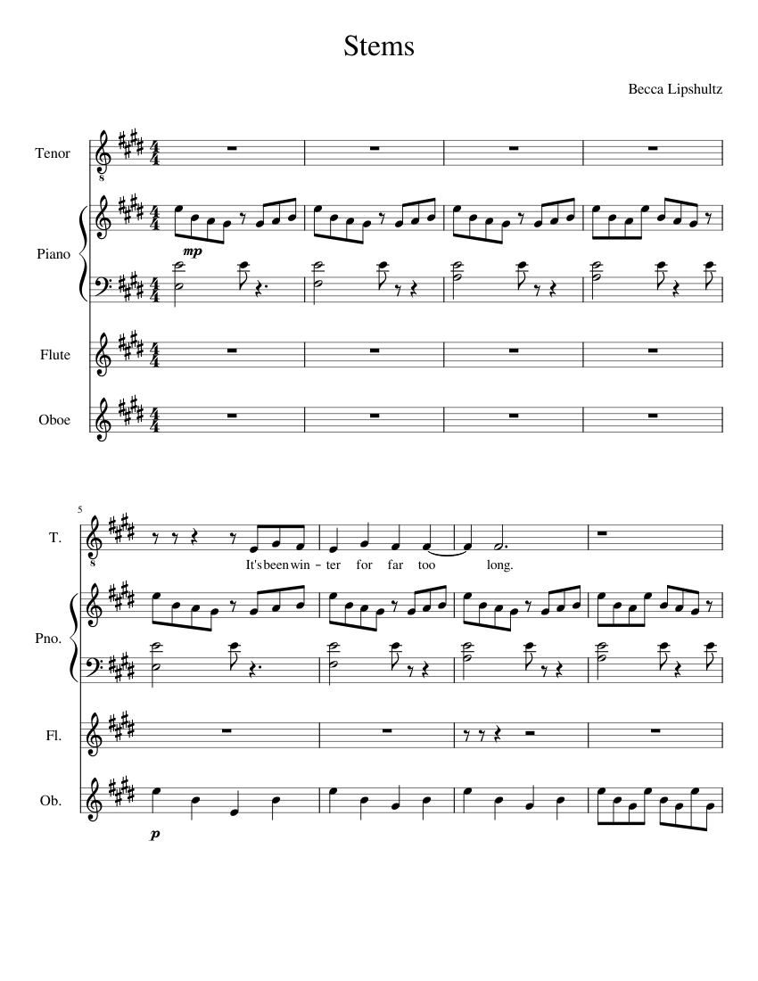 Stems Sheet music for Piano, Tenor, Flute, Oboe (Mixed Quartet ...