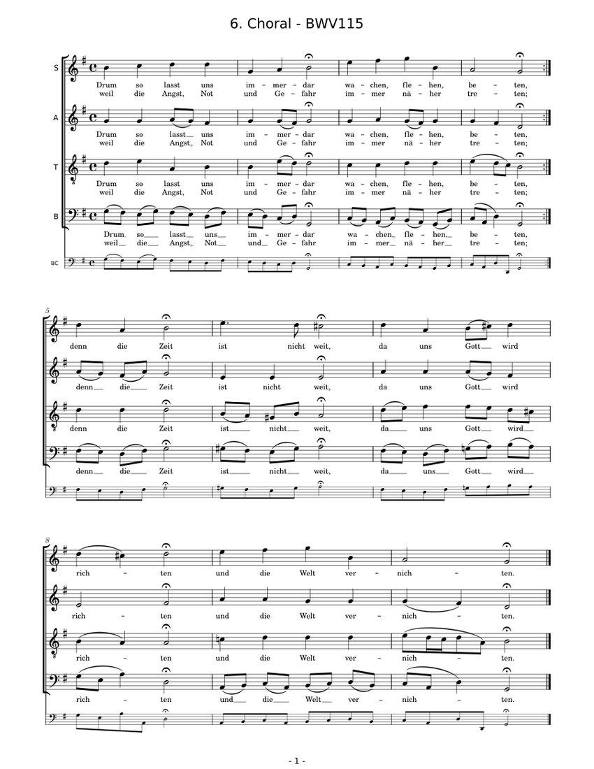 BWV115/6. Chorale Sheet music for Soprano, Alto, Tenor, Bass voice ...