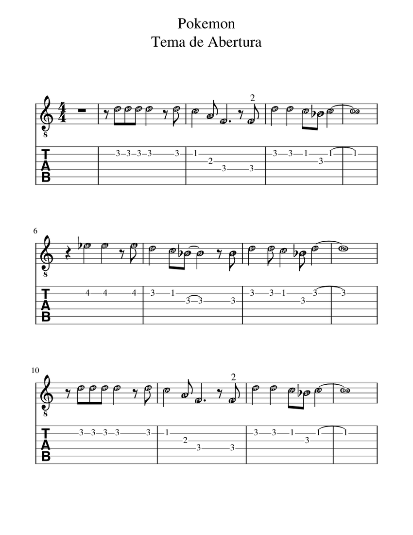 Tema de Abertura Pokemon - TAB Sheet Music for Guitar (Mixed Duet ...