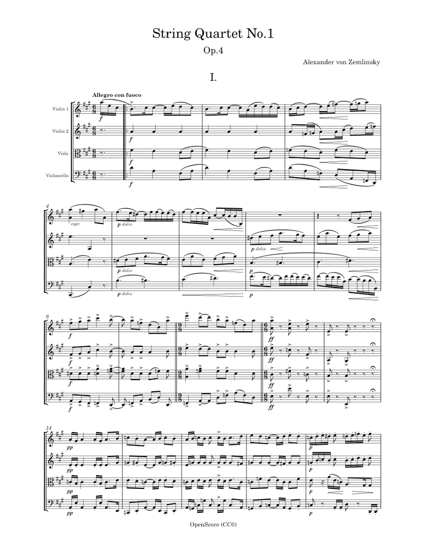 String Quartet No.1, Op.4 – Alexander von Zemlinsky – TEMPLATE Sheet music for Violin, Viola ...