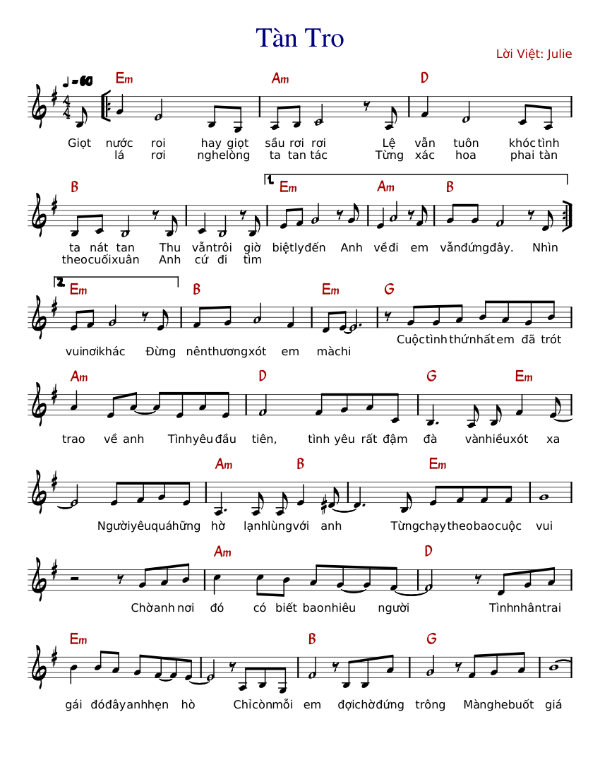Tàn tro Sheet Music with Chords for Piano (Solo) easy | MuseScore.com
