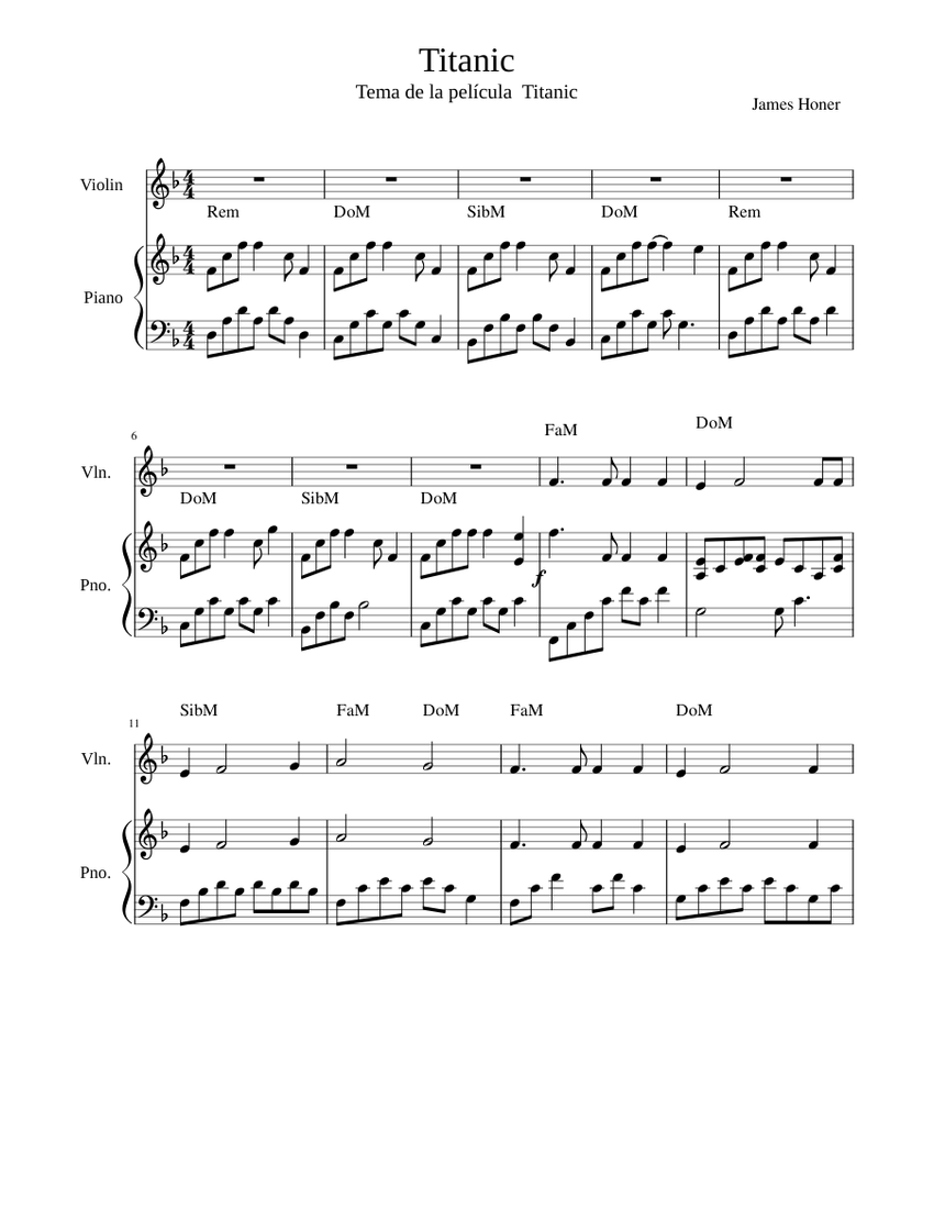 Titanic Sheet Music with Chords for Piano, Violin (Solo) | MuseScore.com