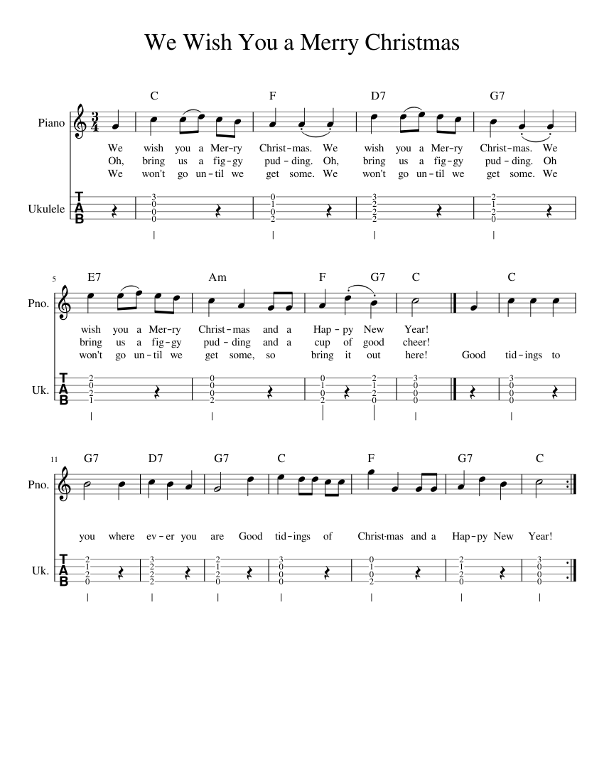 We Wish You a Merry Christmas in C (ukulele) Sheet Music and Tab with ...