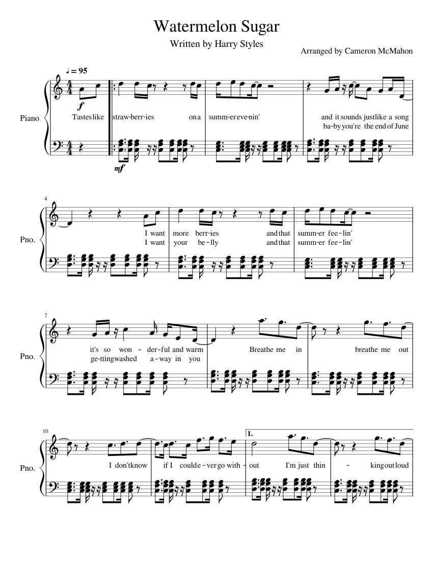 Watermelon Sugar by Harry Styles for Piano with Lyrics Sheet Music for ...