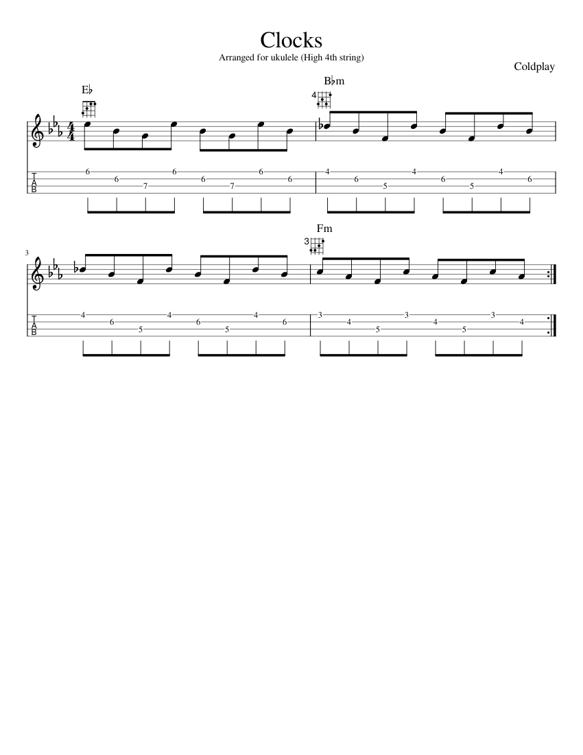Clocks (ukulele arrangement) Sheet Music and Tab with Chords for ...