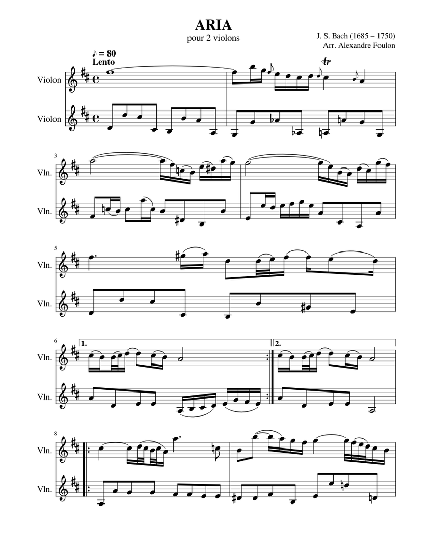 Aria Bach pour 2 violons Sheet Music for Violin (String Duet ...