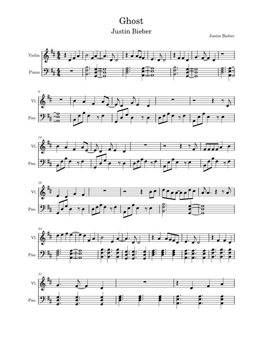Ghost - Justin Bieber Sheet Music for Piano, Violin (Solo) | MuseScore.com