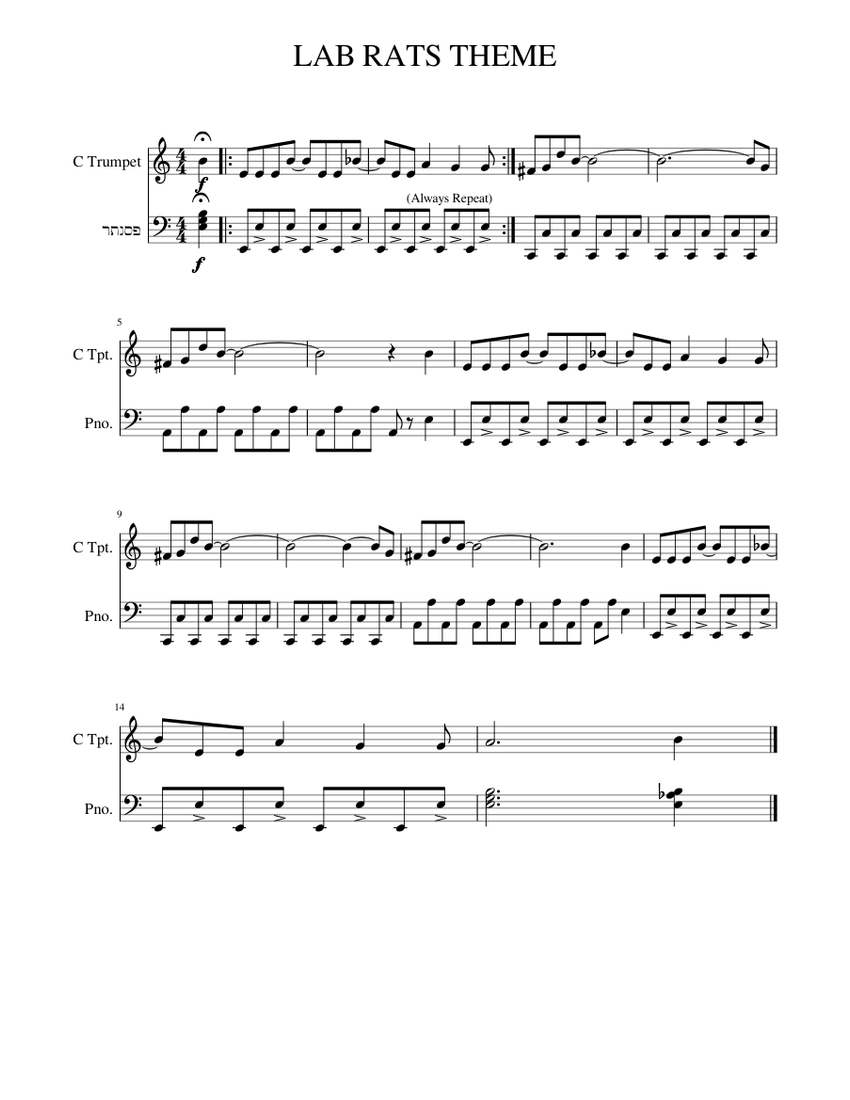 LAB RATS THEME (piano, trumpet) (fixed) Sheet Music for Piano, Trumpet ...