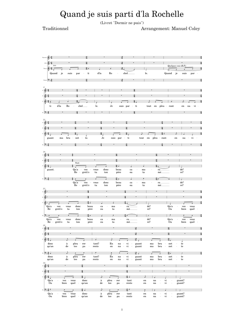 Quand je suis parti de la Rochelle – Traditionnel Français Sheet music ...