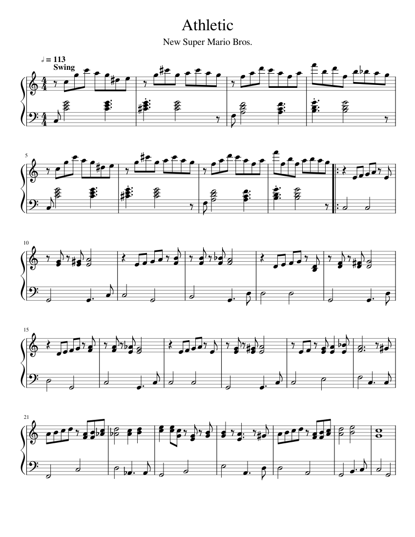 Athletic Theme - New Super Mario Bros. (Piano) Sheet Music for Piano ...