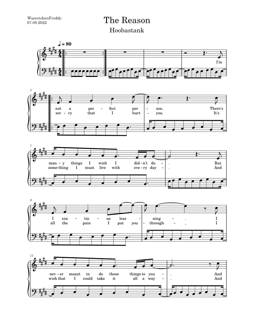 The Reason - Hoobastank (Piano) Sheet Music for Piano (Solo) easy ...