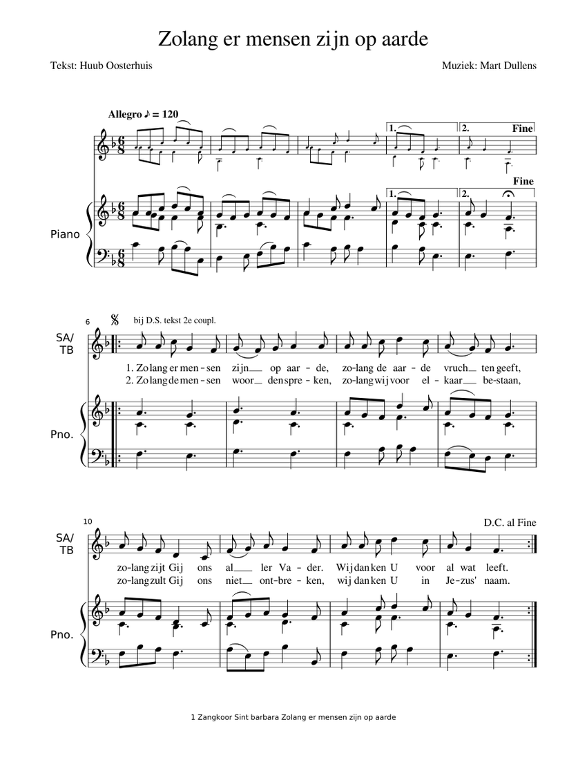 Zolang er mensen zijn op aarde_partituur Sheet music for Piano, Soprano ...
