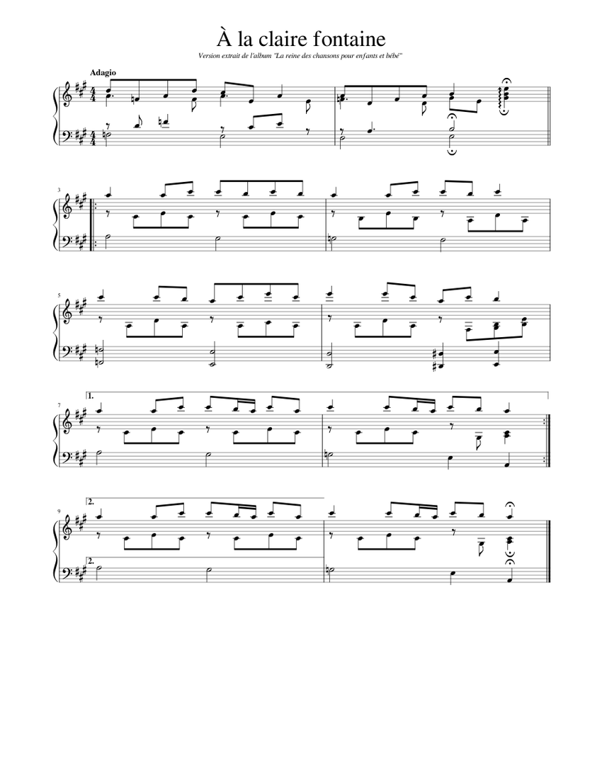 À la claire fontaine – Piano Version Sheet music for Piano (Solo ...