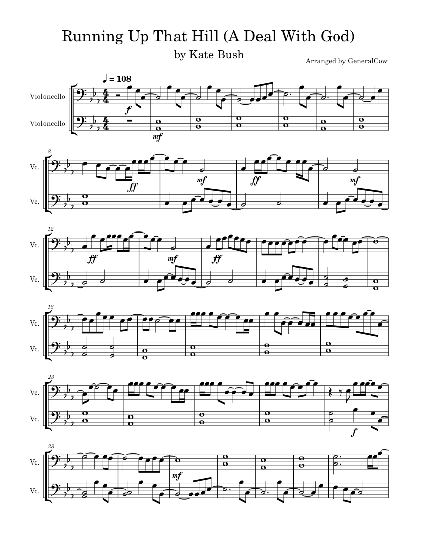 Running up that hill – Kate Bush (Cello Duet) Sheet Music for Cello ...