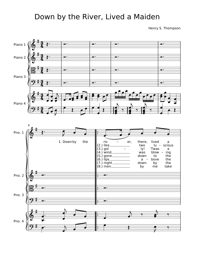 Down by the River Lived a Maiden Sheet Music for Piano (Mixed Quartet ...