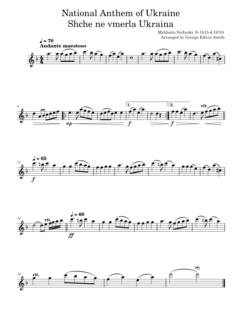 Shche ne vmerla Ukrainy National Anthem of Ukraine – Mykhaylo Verbytskyi National Anthem of ...