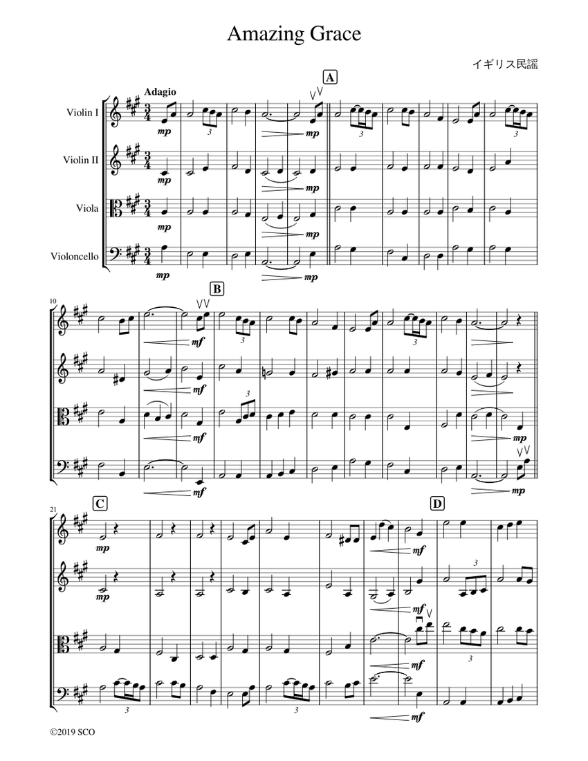 Amazing Grace - String Quartet Sheet Music for Violin, Viola, Cello ...