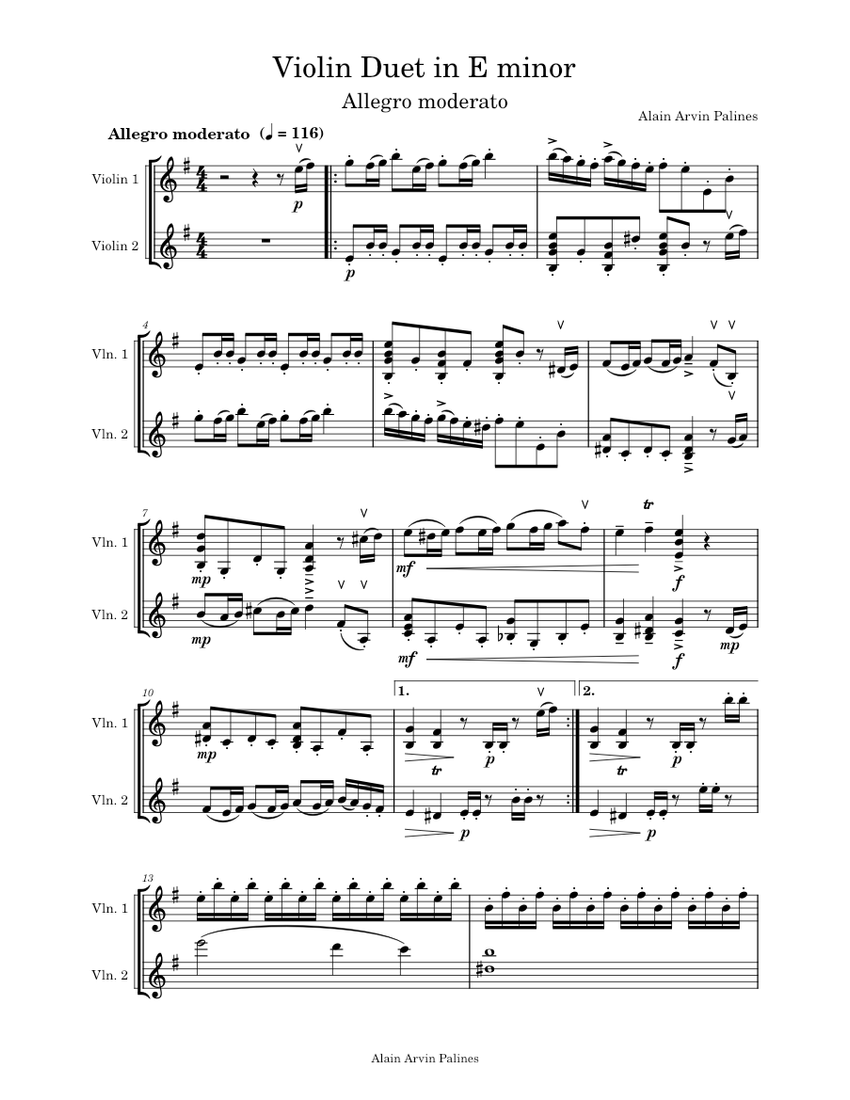 Violin Duet in E minor (Allegro moderato) Sheet Music for Violin ...