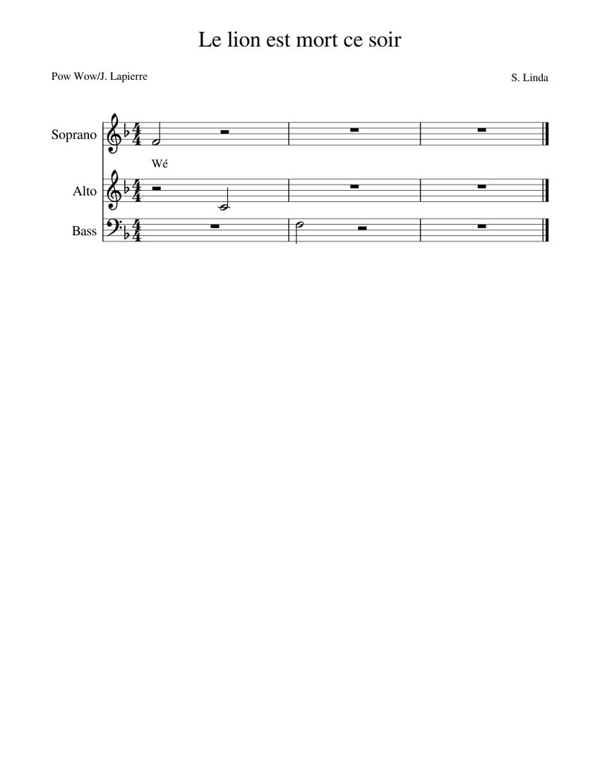 First 6 Le lion est mort ce soir copie Sheet Music for Soprano, Alto ...