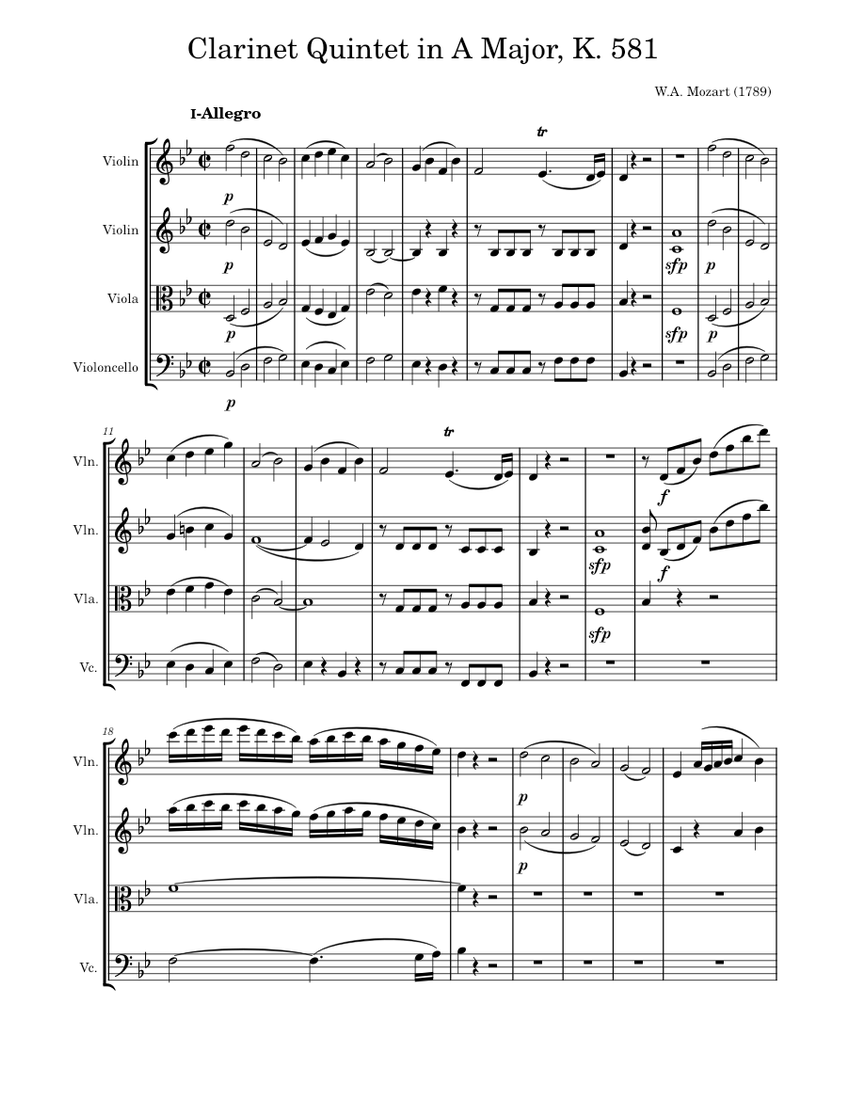 Mozart---Clarinet Quintet (in Bb) K.581 Sheet Music for Violin, Viola ...