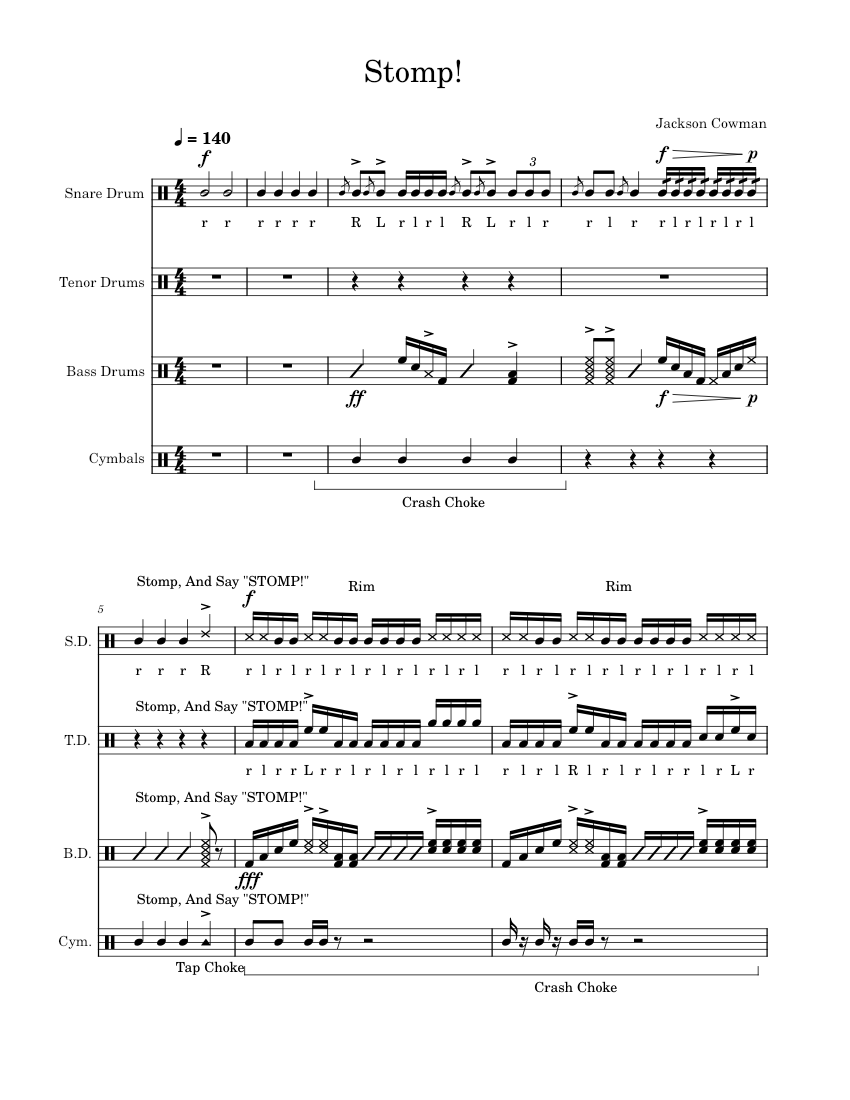 Stomp! Score Sheet Music for Snare drum, Crash, Tenor drum, Bass drum ...