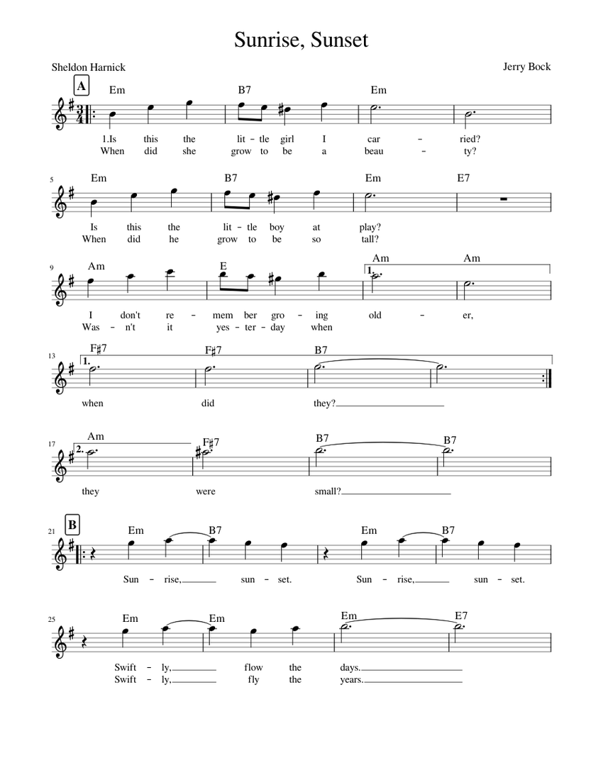 Sunrise, Sunset Sheet Music with Chords for Piano (Solo) easy ...