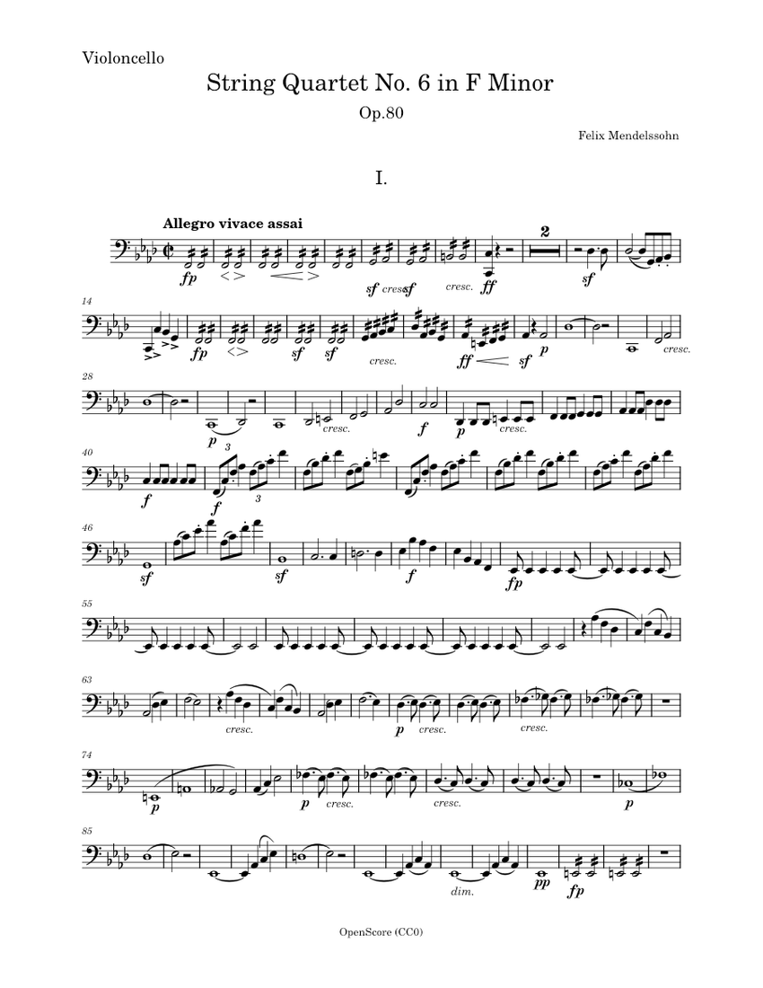 String Quartet No.6 in F minor, Op.80 – Felix Mendelssohn - Cello PART Sheet music for Cello ...