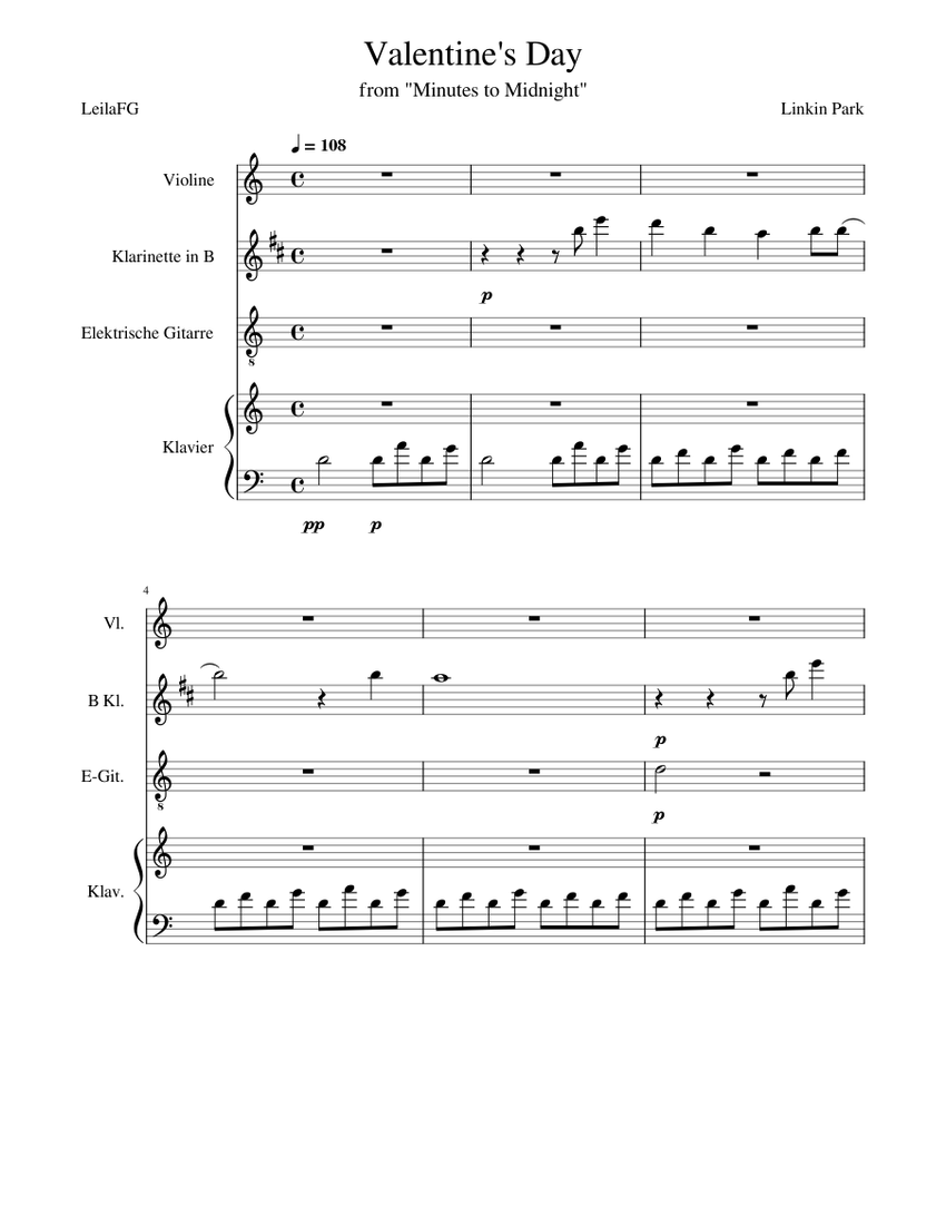 Valentine's Day - Linkin Park Sheet Music for Piano, Clarinet in b-flat ...