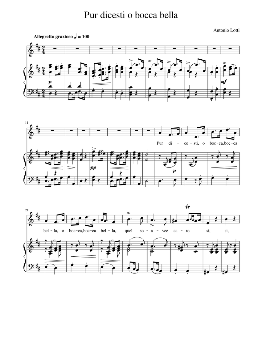 Pur dicesti, o bocca bella – Antonio Lotti Sheet Music for Piano ...